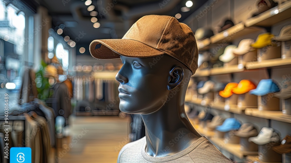mock up of trucker hat in store, displayed on mannequin, store ...