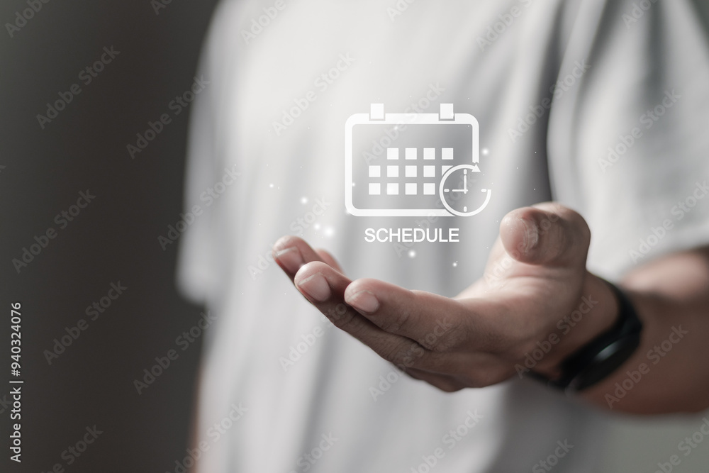 Poster Person holding schedule icon on virtual screen for agenda ...