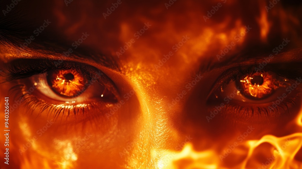 Eyes staring into a roaring fire, merging with the flames in a double ...