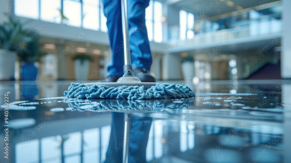 Office Cleaner: In a simple blue uniform, he pushes a mop across the ...