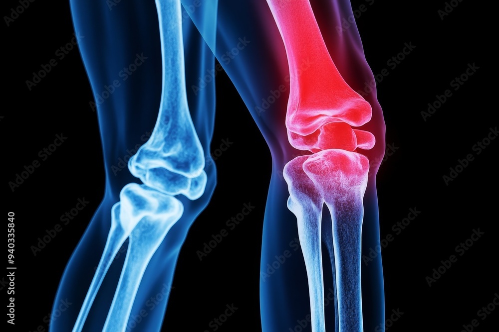 An X-ray illustration of a human knee joint with osteomyelitis. The ...