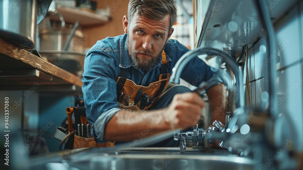 Plumber at Work: In the kitchen, he kneels under the sink, tightening ...