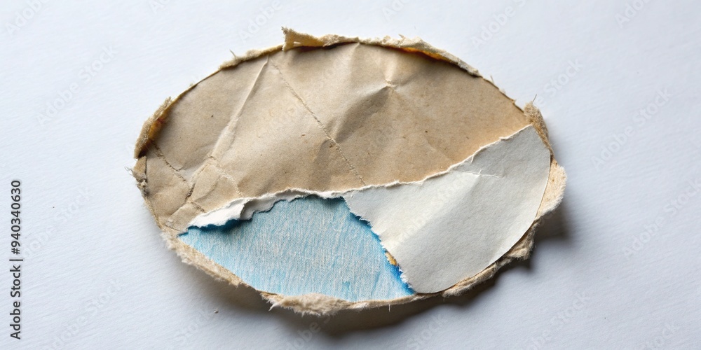 A torn, circular sticker with a ripped edge and creased surface ...