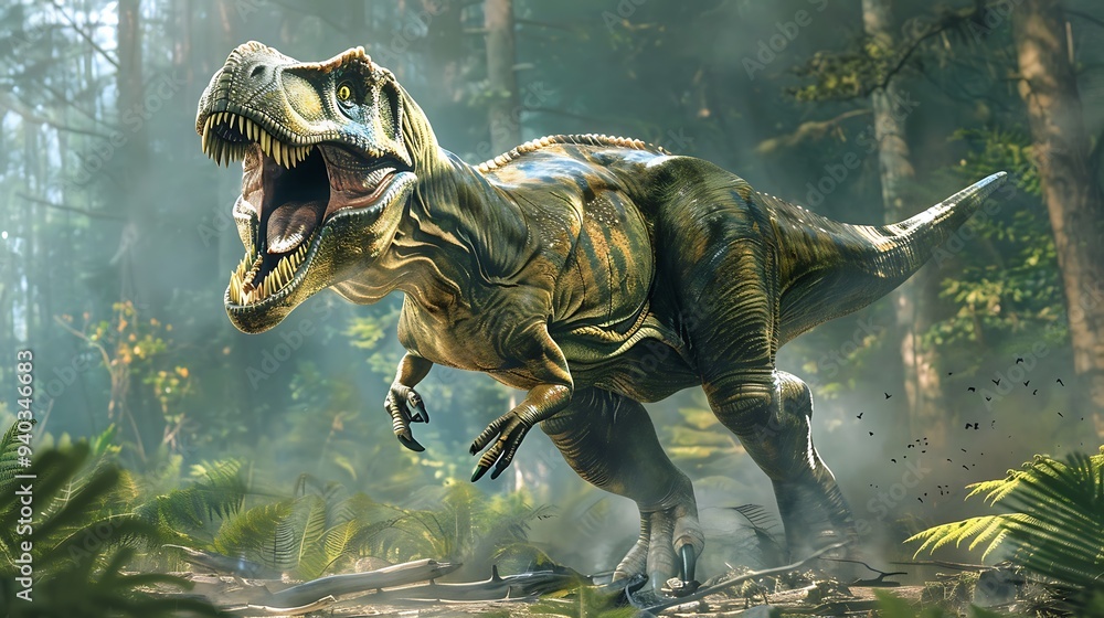 Tyrannosaurus Rex stalks through a lush prehistoric forest jaws open ...
