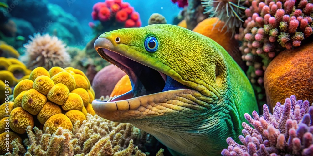 A vibrant green moray eel with yellow highlights swim upright, its ...