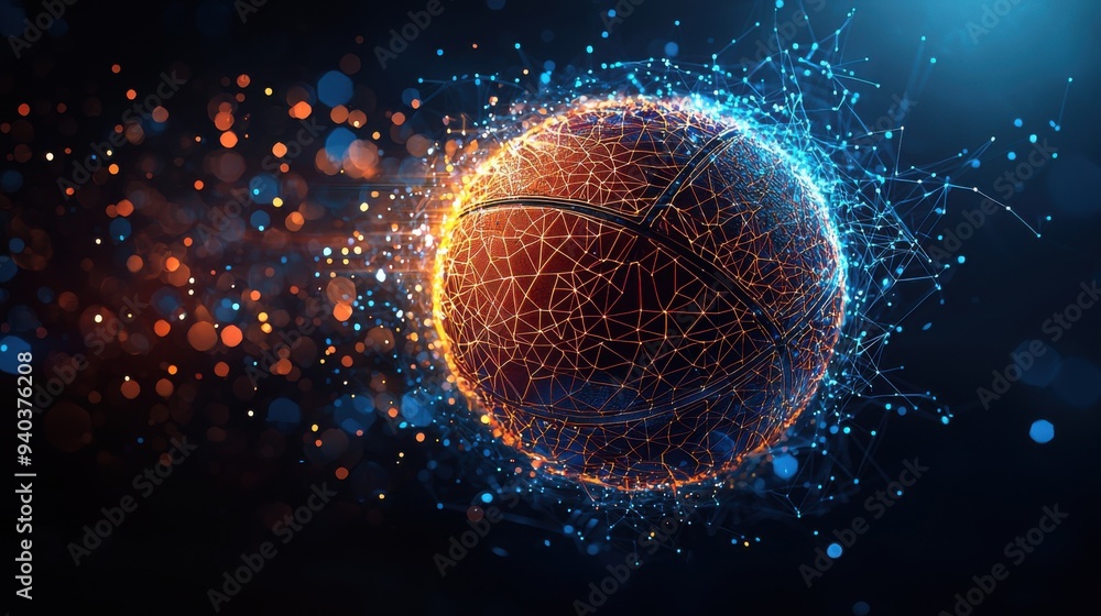 A digital graphic design of a basketball with electric blue and deep ...