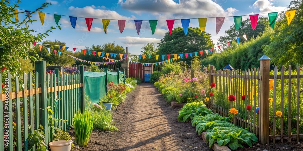 Pathway lined with fence in allotment garden with colorful flags in the ...