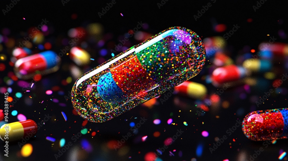 Close-up of a translucent pill capsule with rainbow-colored granules ...