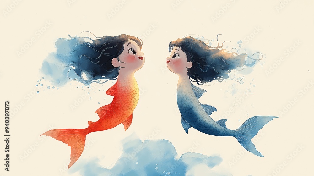Watercolor Mermaid Twins: A charming watercolor illustration of two ...