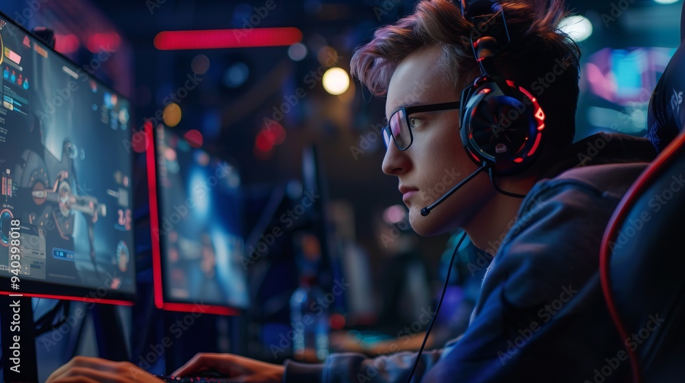 Focused professional esports gamer immersed in intense gameplay ...