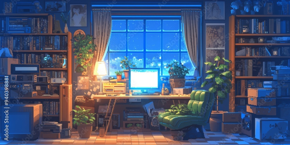 ภาพประกอบสต็อก Retro Pixel Art Living Room: Cozy Lo-Fi Study Space with ...