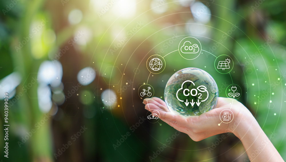 Hand holding with tree for co2, ESG and net zero. energy saving concept ...