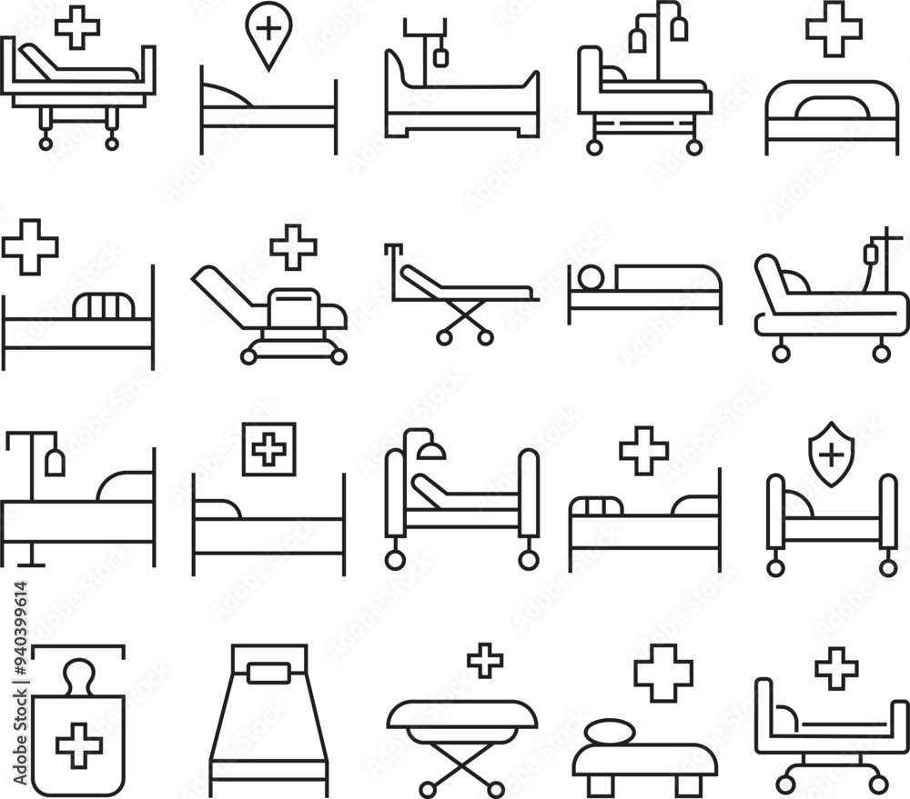 Set of Hospital bed icons in Line styles. Patient bed vectors. Medical ...