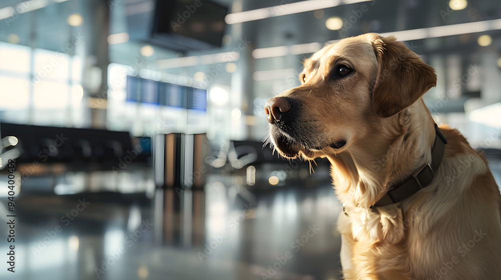 A vigilant detection dog standing in an airport terminal, ready for ...