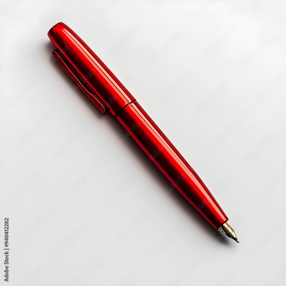 Closeup of a red pen holder lying flat at the center of a light clean ...