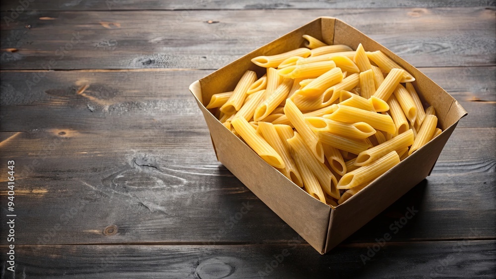 Delivery bucket box filled with penne pasta and cheese, delivery ...