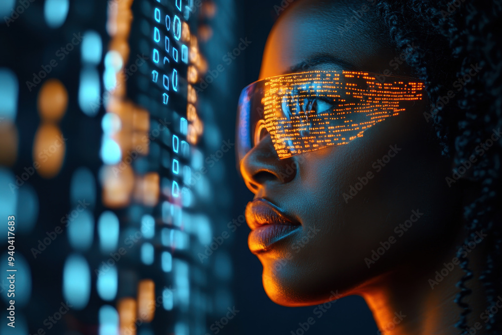 AI cyber security threat illustration, black african american female IT ...