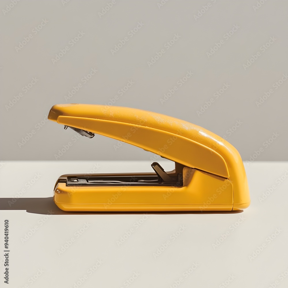 A bold and eye catching yellow stapler remover centrally positioned on ...