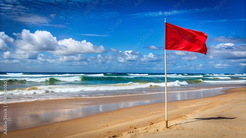 Red flag warning of dangerous surf conditions on a sunny beach day ...