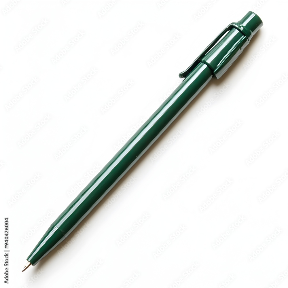 Striking green pen lying flat and centered on a pristine white ...