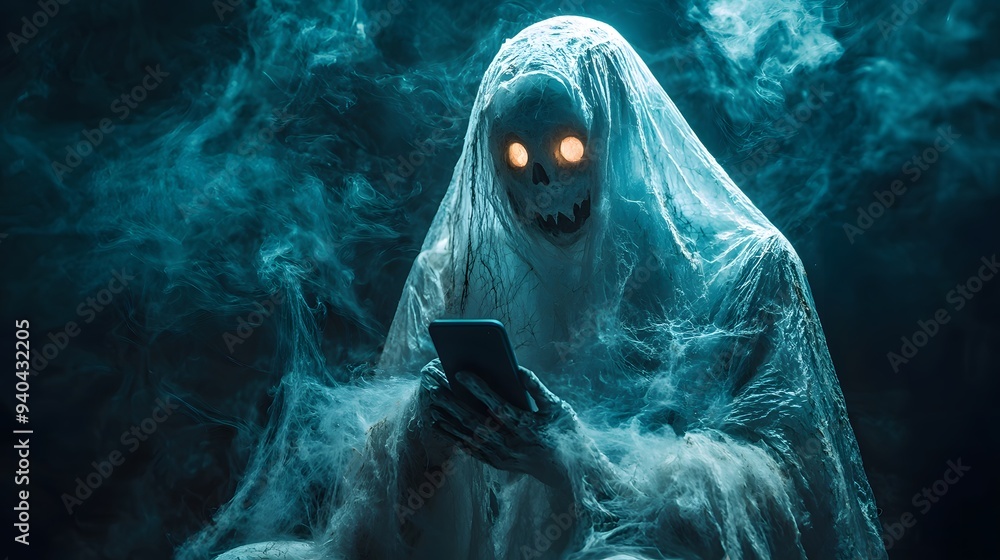 Eerie ghost figure with glowing eyes, absorbed in a smartphone amid ...