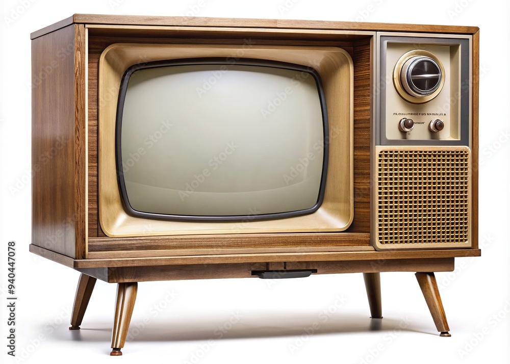 Retro beige-colored cathode ray tube television set with curved screen ...