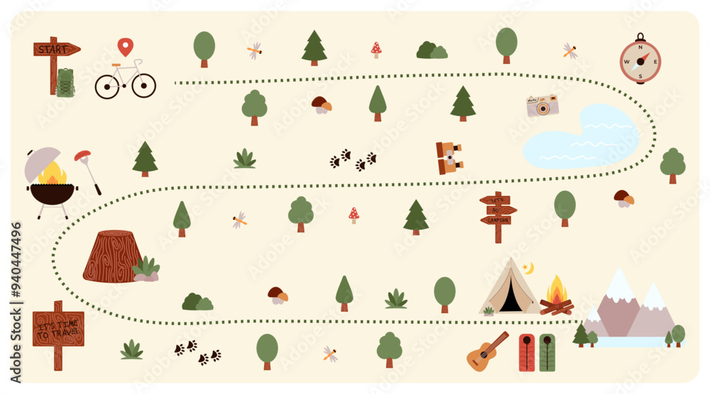 Camping and Hiking map creator. Set of flat elements for creating kids ...