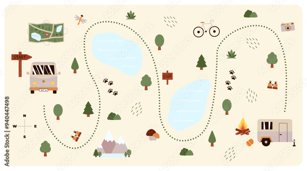 Camping and Hiking map creator. Set of flat elements for constructing ...