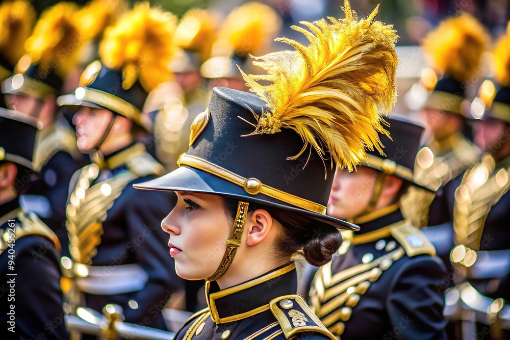 Shiny black hat with golden accents and a majestic plume, worn by a ...