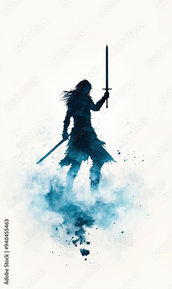 Epic Warrior Silhouette with Sword Raised High in Misty Fantasy Realm ...