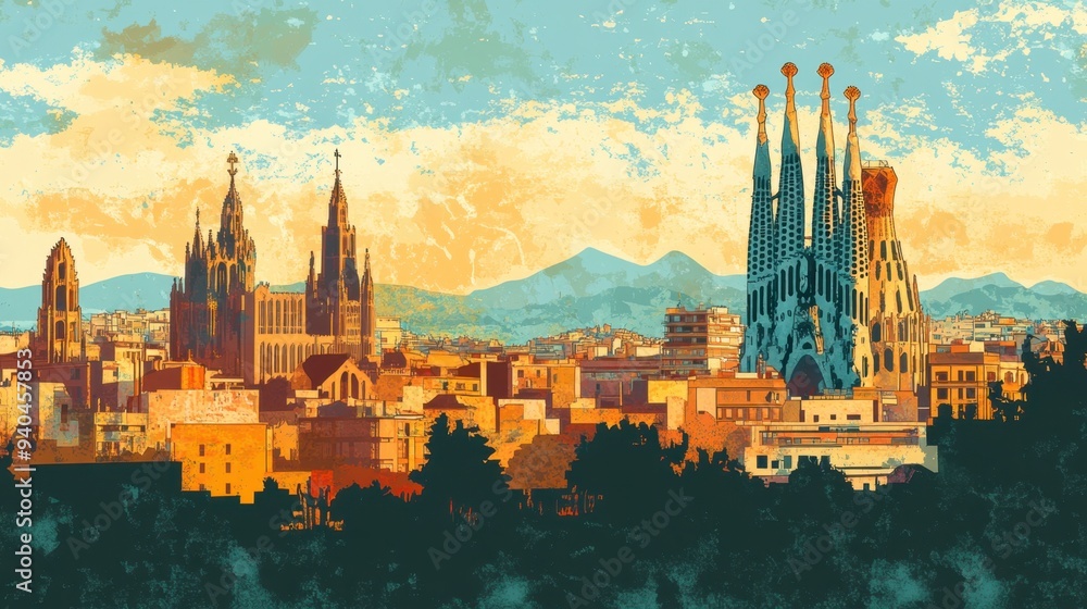 Vintage postcard. View of Barcelona. Horizontal banner, travel poster ...