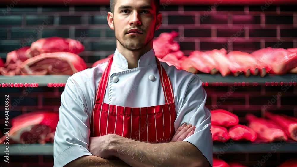 Professional butcher in uniform with arms crossed in front of meat ...