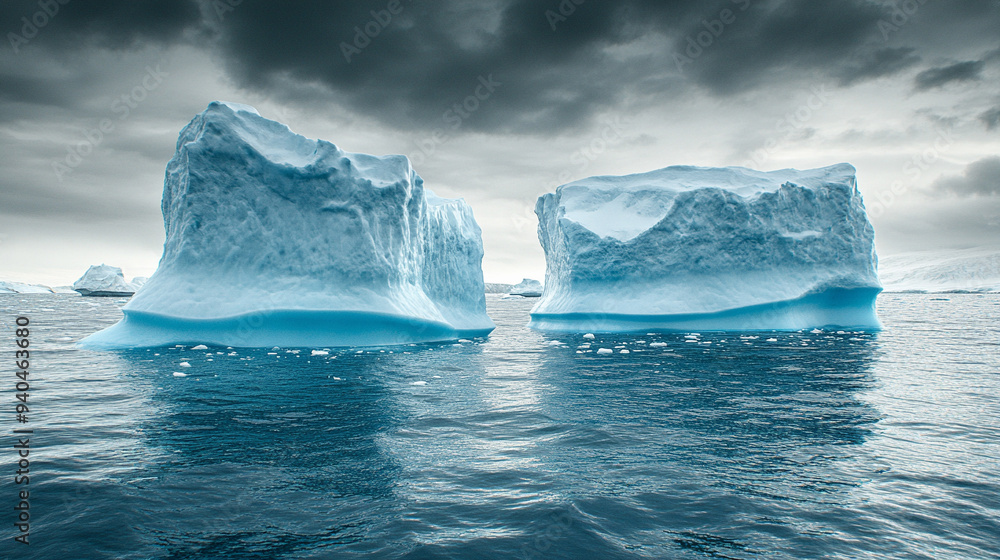 Antarctic landscape featuring towering blue icebergs amidst a pristine ...
