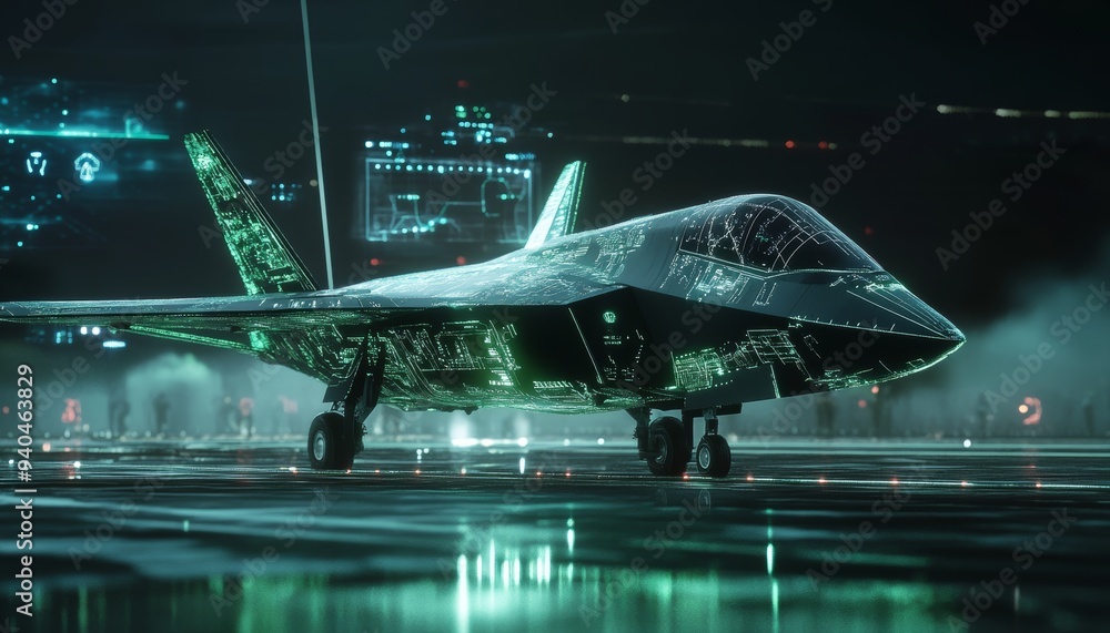 Futuristic military aircraft with advanced radar interface technology ...