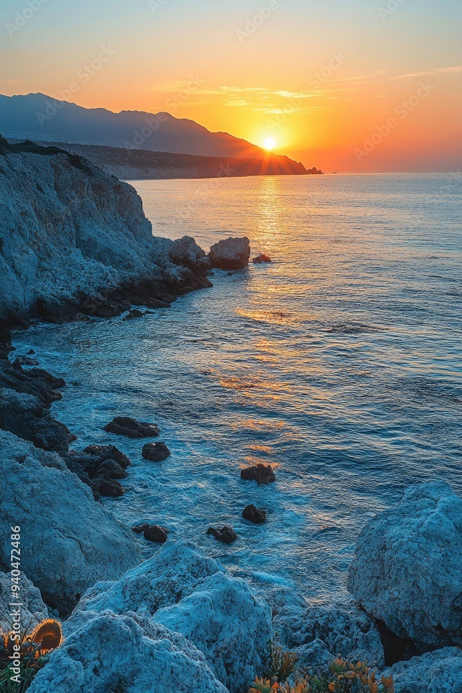 Rocky shore with ocean at sunset. Perfect for travel, nature, and ...