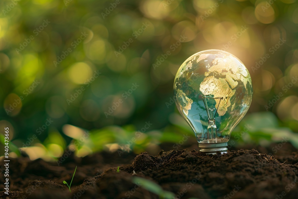 1. A light bulb resting on soil, with a detailed globe map inside the ...