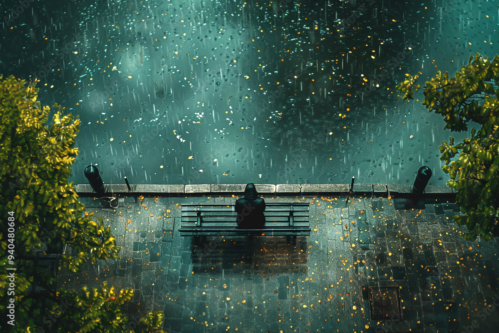 Person sitting alone on a park bench in the rain, loneliness theme, top ...