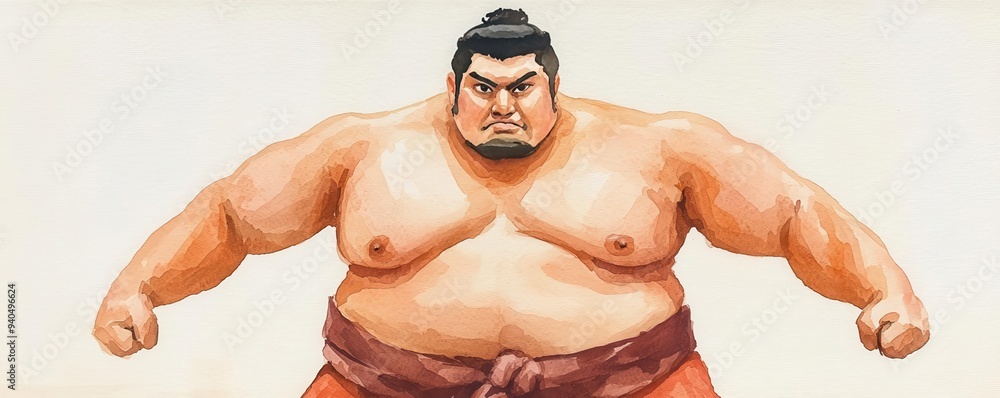 A bold watercolor of a sumo wrestler in a low stance, with heavy lines ...