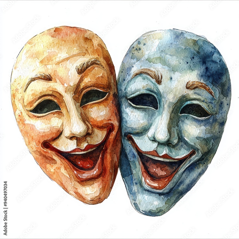 A detailed watercolor clipart illustration featuring two comedy masks ...