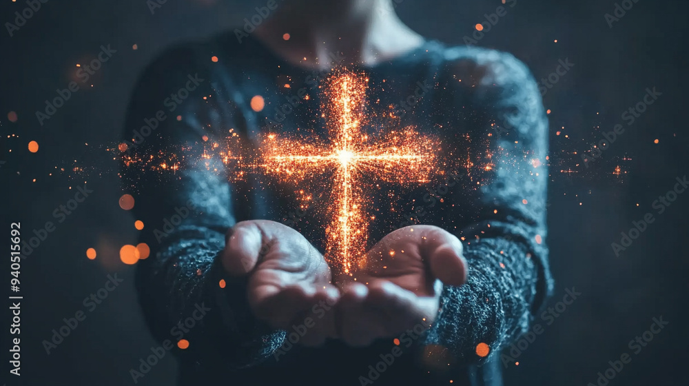 woman's hand reaches out toward a blurred, glowing Christian cross ...