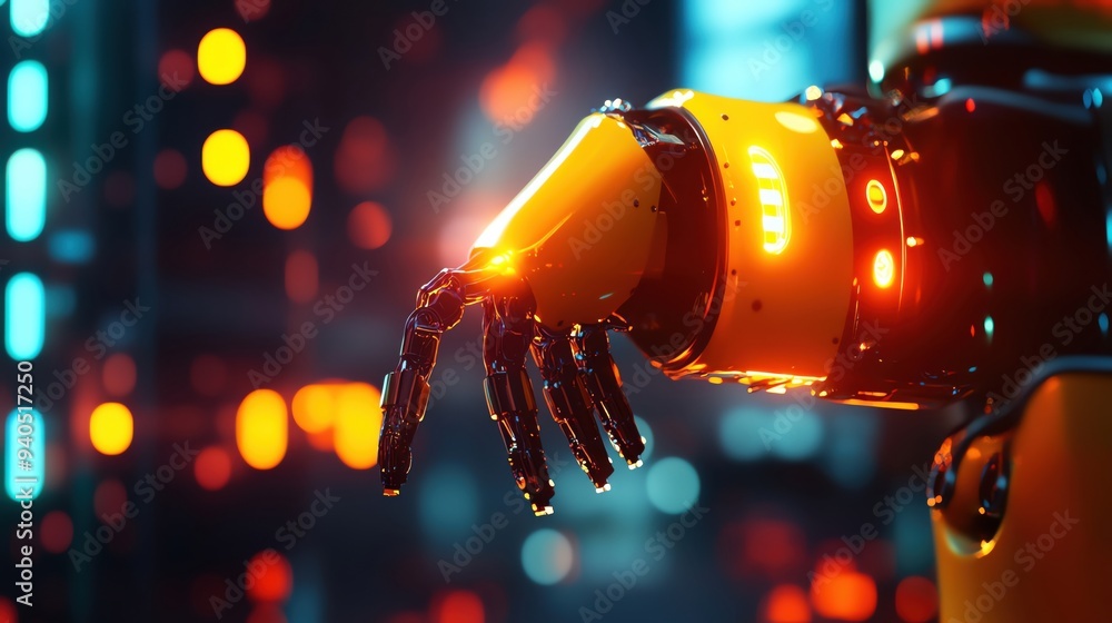 Futuristic robot hand with glowing LEDs interacting in a high-tech ...