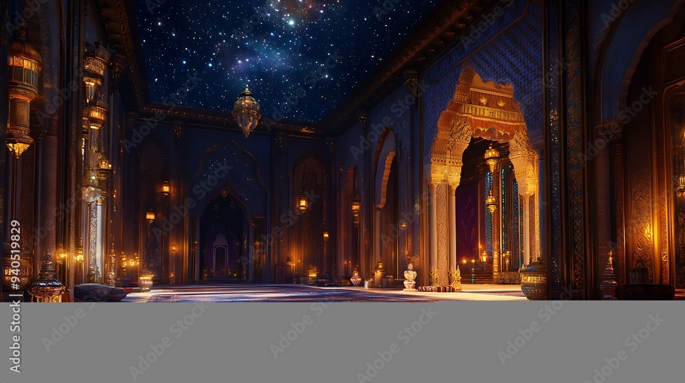 Mystical Royal Palace Interior with Flying Carpets and Starry Night ...