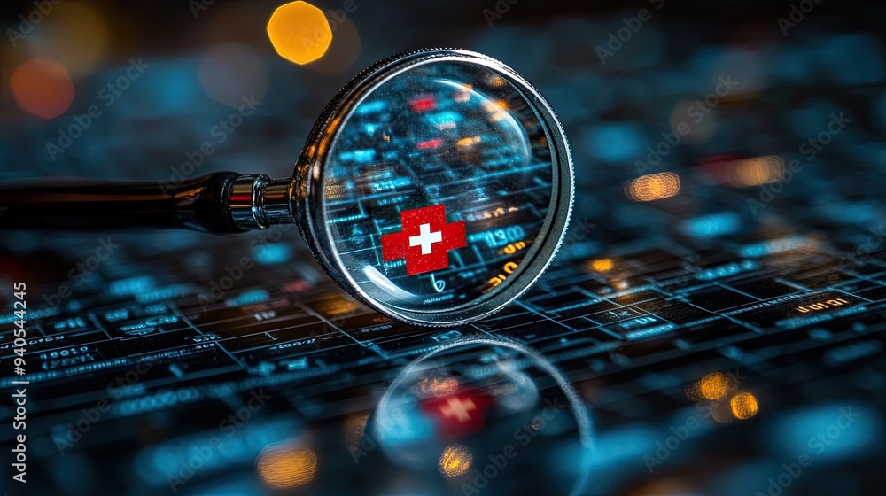 Using a magnifying glass with a plus sign and medical symbols to ...