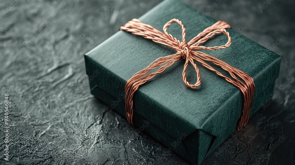 Minimalist, deep green gift box with a copper-colored wire wrapping ...