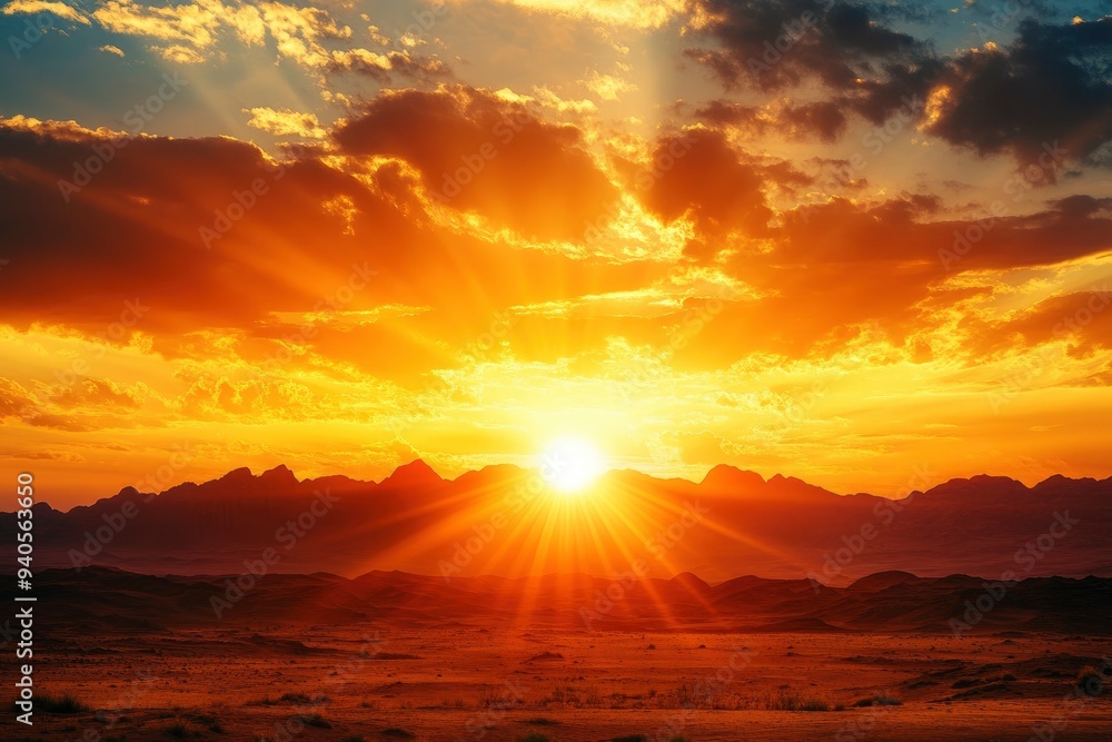 Epic sunset landscape sky with big bright sun going behind the ...