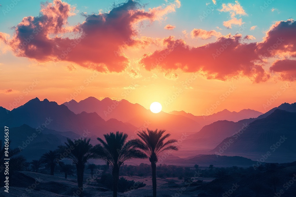 Epic sunset landscape sky with big bright sun going behind the ...