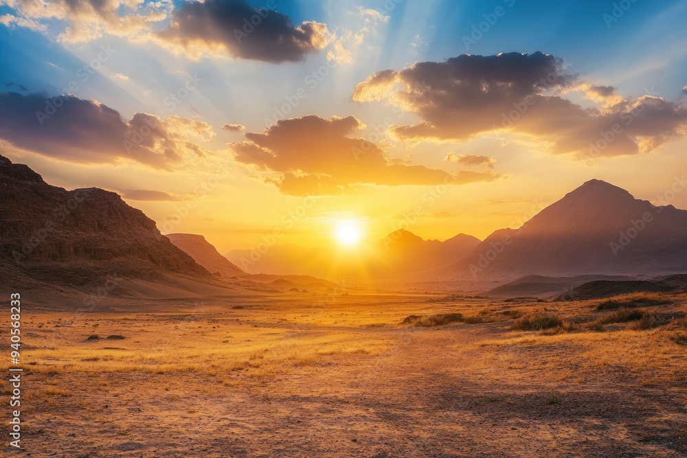 Epic sunset landscape sky with big bright sun going behind the ...