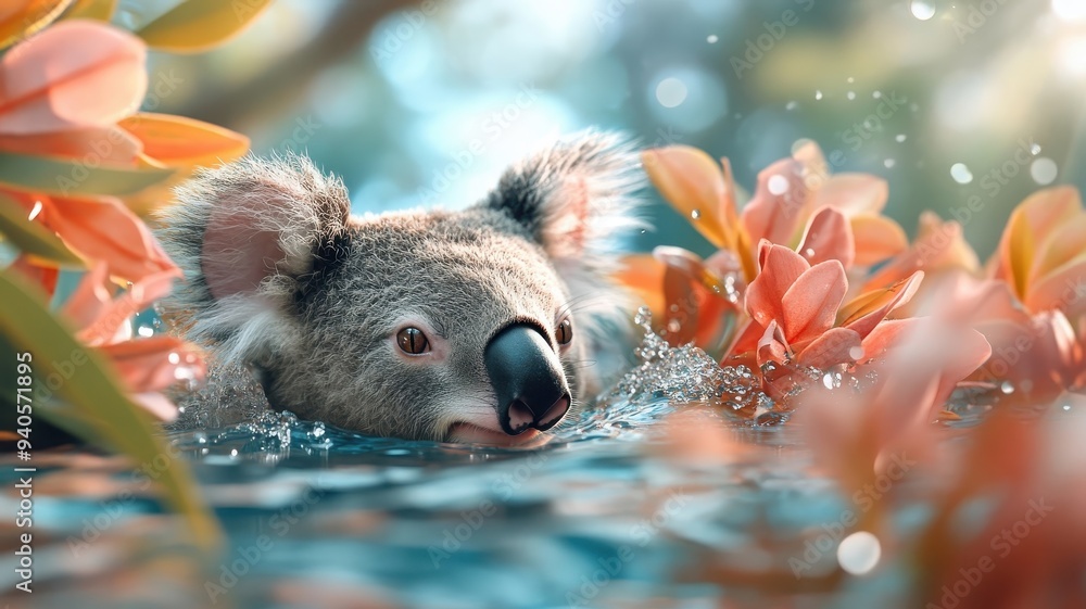 Koala diving into a refreshing waterhole surrounded by vibrant ...