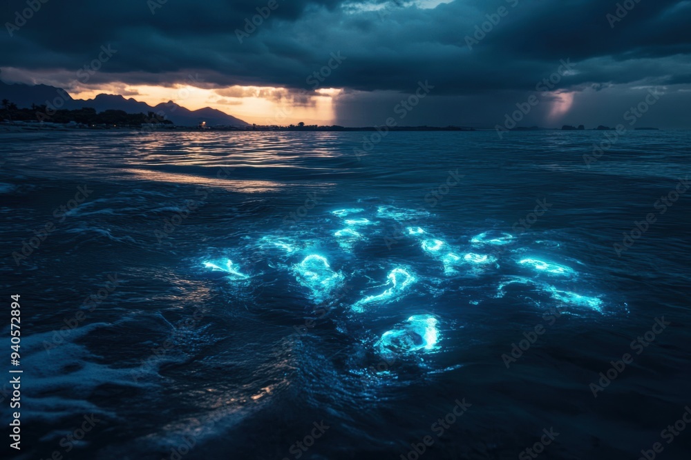 Bioluminescent plankton creating a glowing food chain, capturing the ...