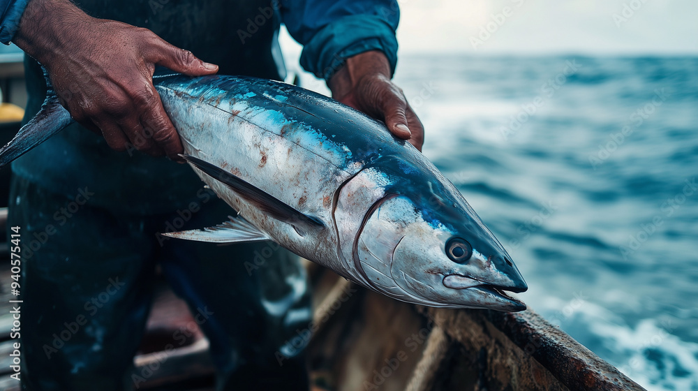 Male fisherman holding tuna fish on boat, fish looks big and muscular ...